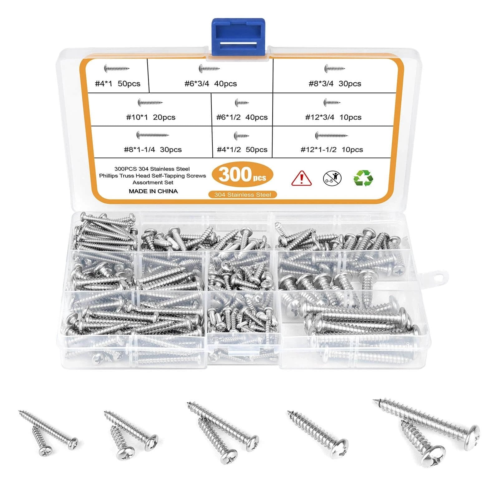 300 Pcs Stainless Steel Wood Screws Assortment Kit