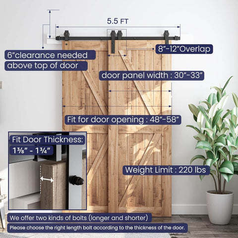 5.5FT Bypass Sliding Barn Door Hardware Kit Double Doors