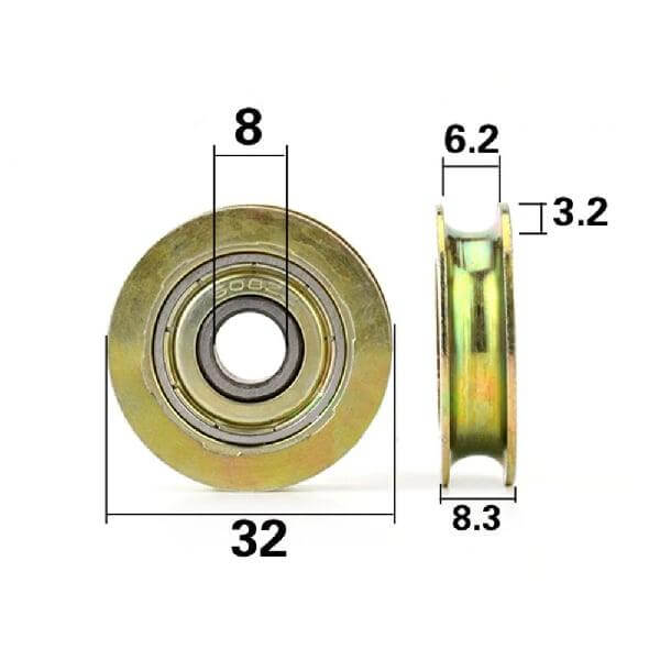 8mm Bore Bearing - 32mm Steel Wire Rope Cable Track Pulley