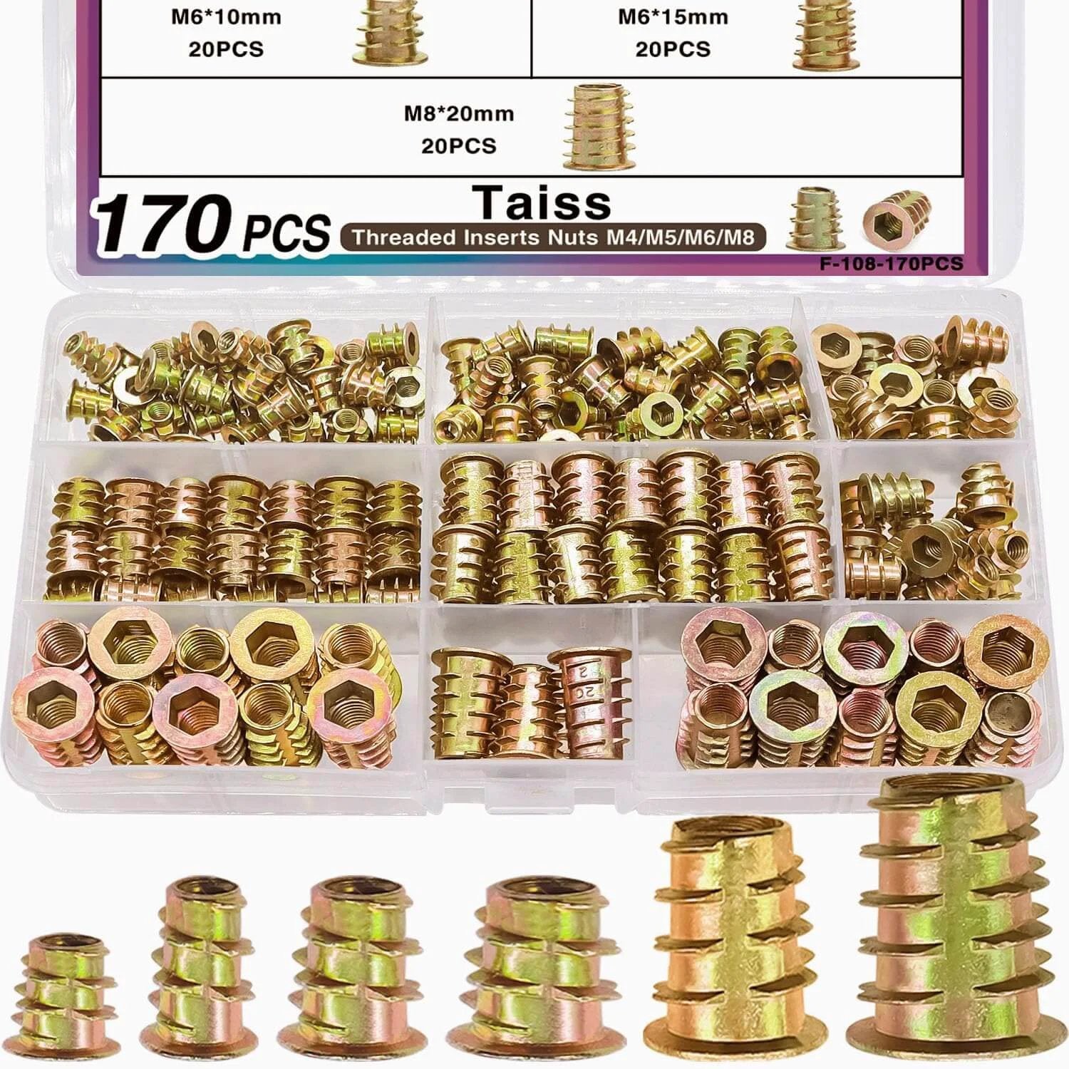 Wood Threaded Inserts Kit 170Pcs 6 Sizes for Furniture